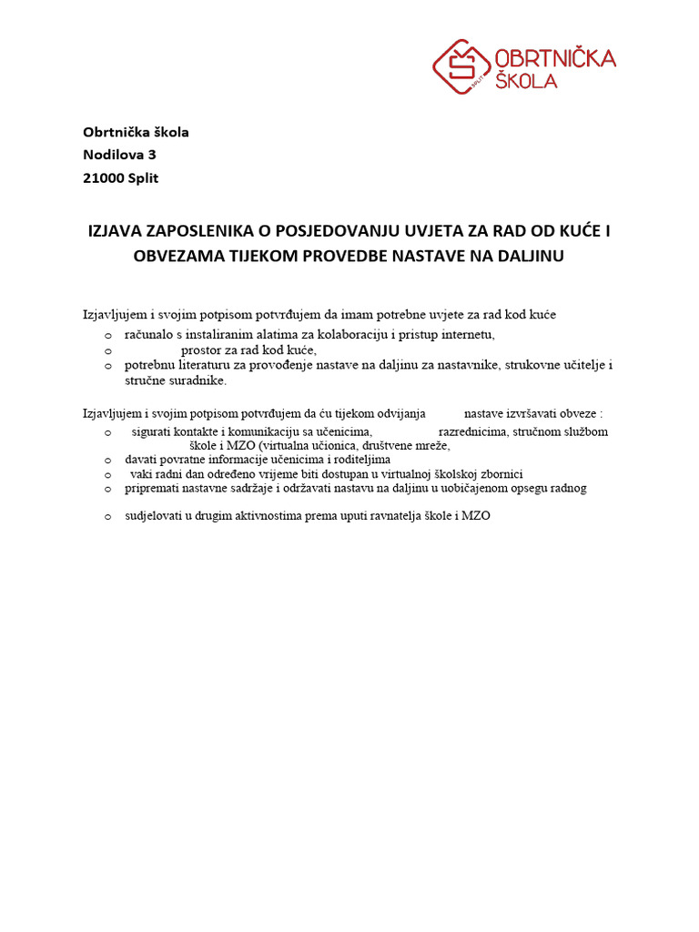 Izjava Zaposlenika - Rad Od Kuce | PDF