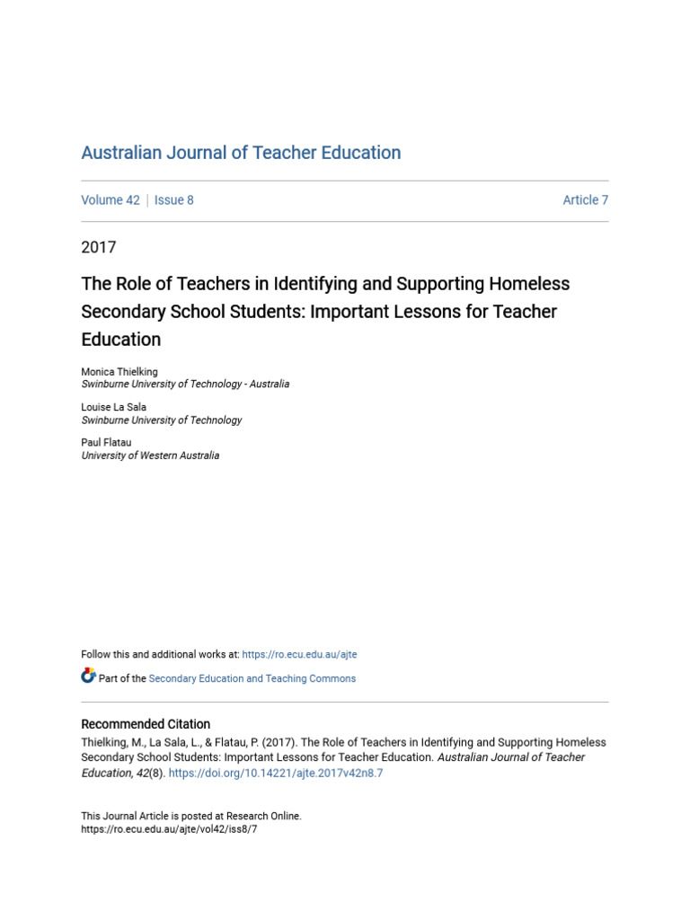 Secondary Student Homelessness and Teacher Education | PDF ...