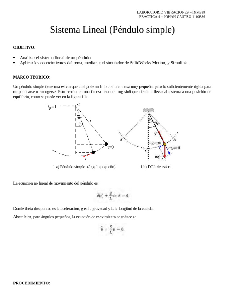 Práctica 4 - Johan Castro - 1106336 | PDF | Oscilación | Péndulo