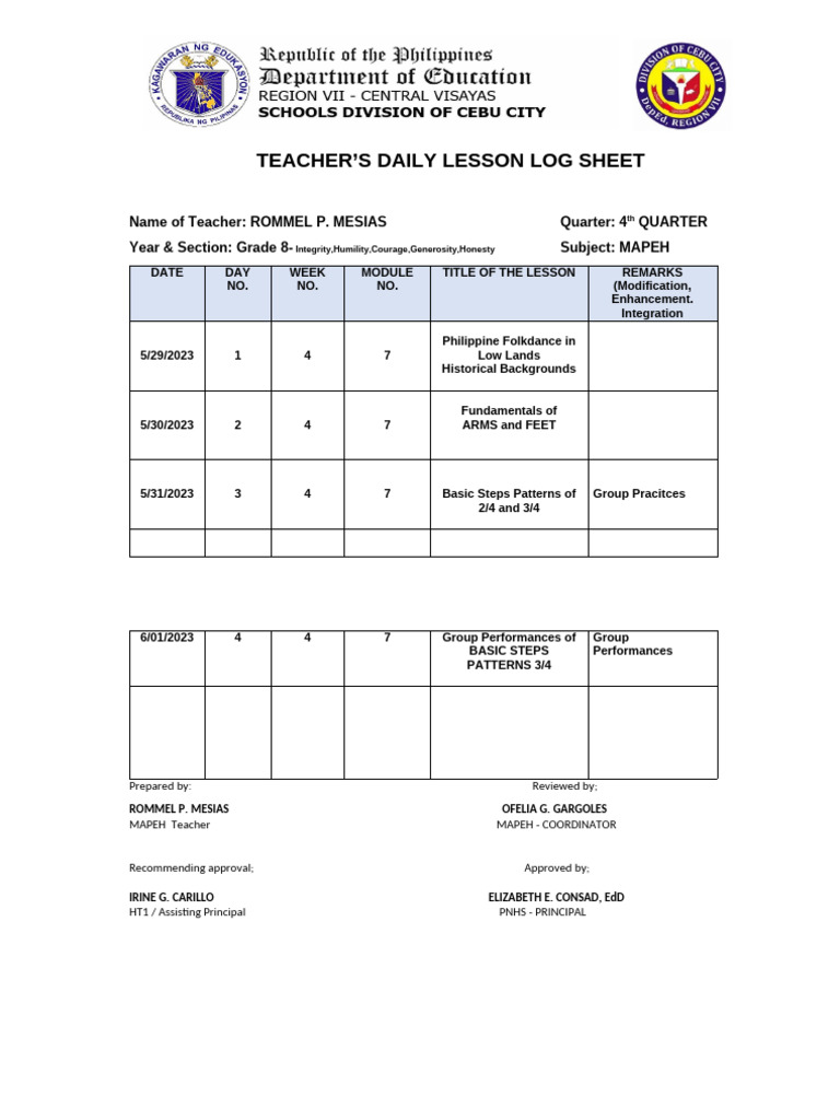 Teacher'S Daily Lesson Log Sheet | PDF