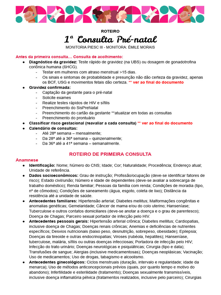 Roteiro da 1ª Consulta Pré-natal | PDF | Gravidez | Medicina Clínica