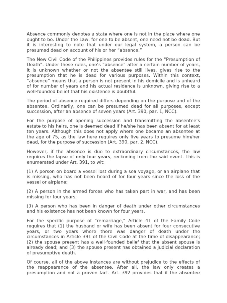Presumption of Death in Philippine Law | PDF | Annulment | Marriage
