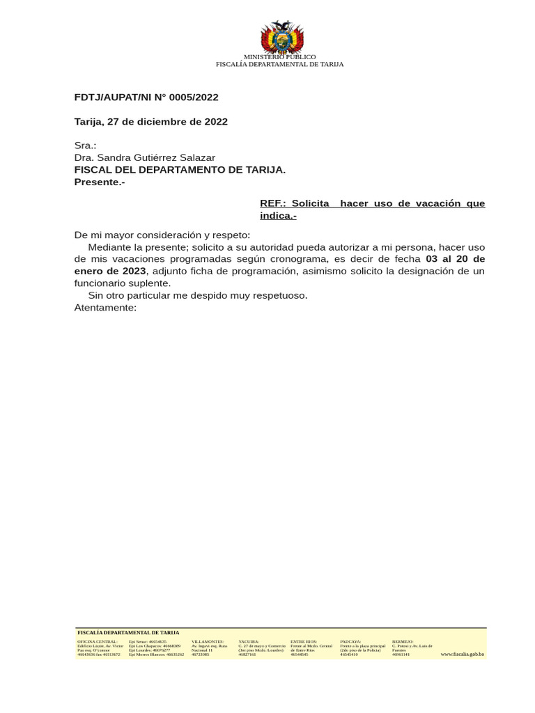 Oficio Solicita Autorizacion para Vacaciones | PDF