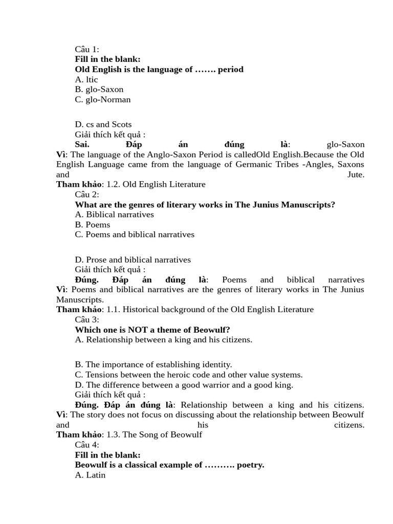 Introduction To British Literature Trac Nghien BTGK1 | PDF | Beowulf | The Canterbury Tales