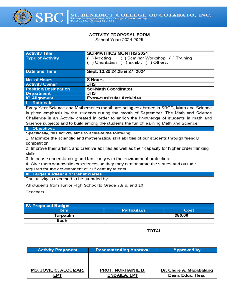 Activity Proposal Template | PDF | Science | Mathematics