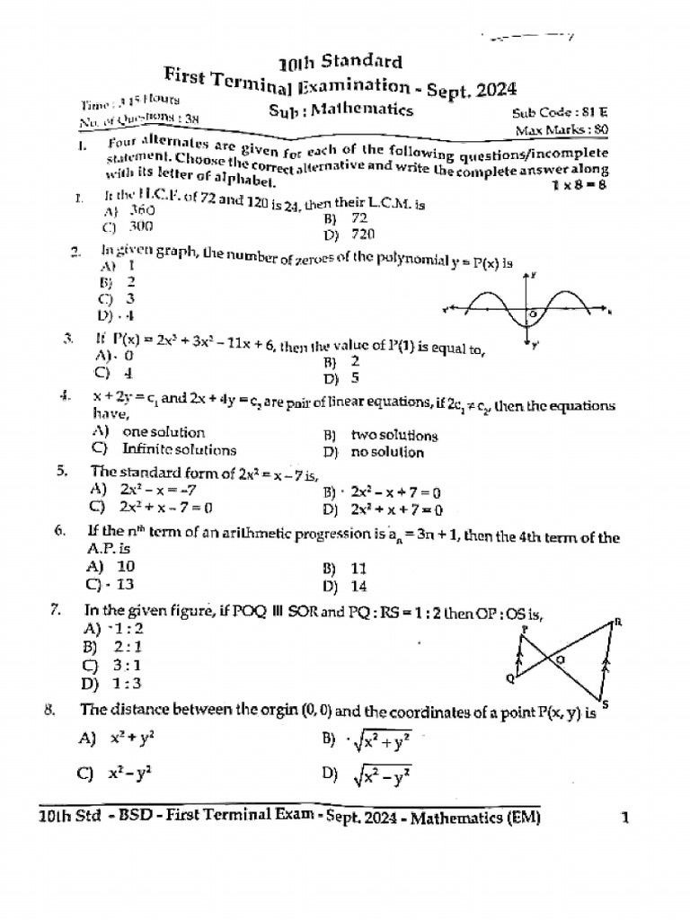10th Maths Midterm QP | PDF