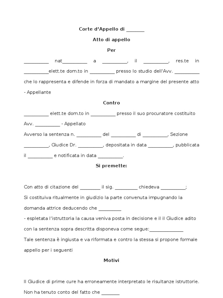 Atto Di Appello Civile Modello | PDF