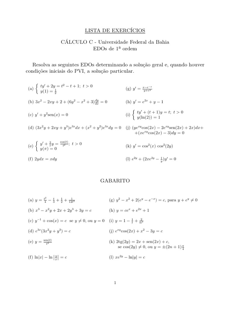 Lista - EDO de I Ordem - 1 | PDF | Métodos y materiales de enseñanza