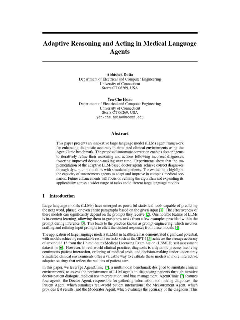 Adaptive Reasoning and Acting in Medical Language Agents | PDF | Medical Diagnosis | Simulation