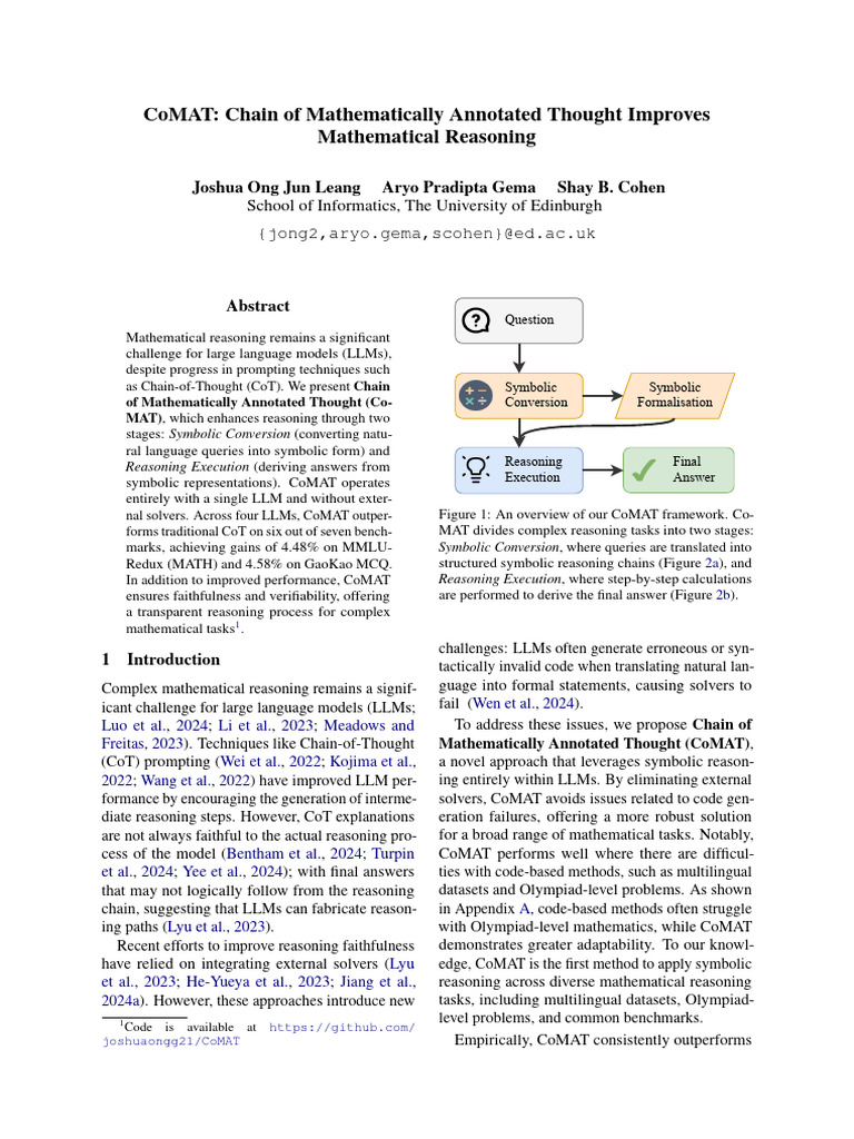CoMAT - Chain of Mathematically Annotated Thought Improves Mathematical Reasoning | PDF | Reason ...