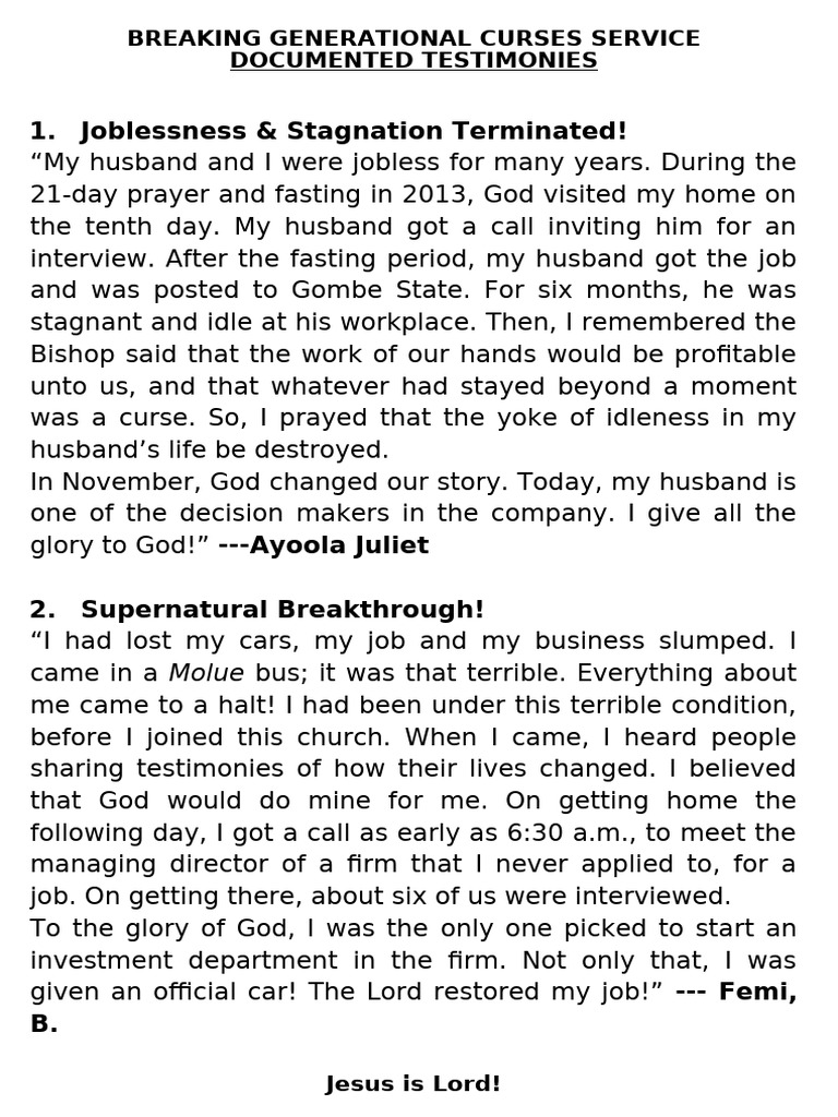 Testimonies On Breaking Generational Curses - 021725 | PDF