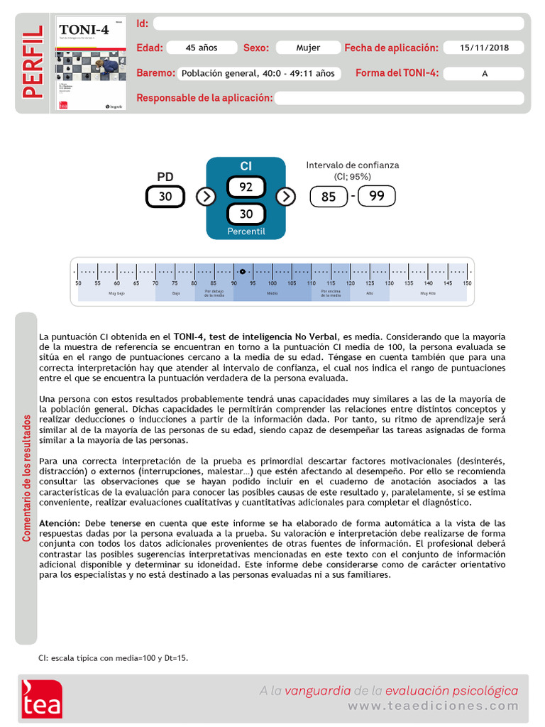TONI 4 Ejemplo Perfil | PDF | Cociente de inteligencia | Cognición