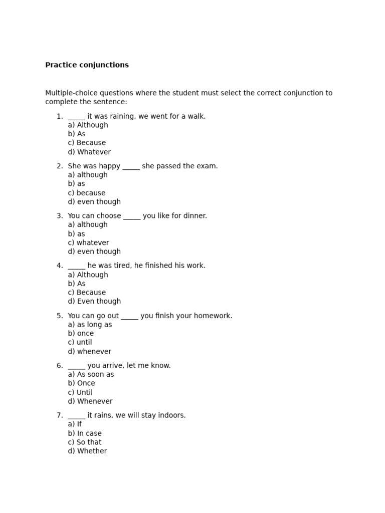 Conjunctions Practice Quiz | PDF