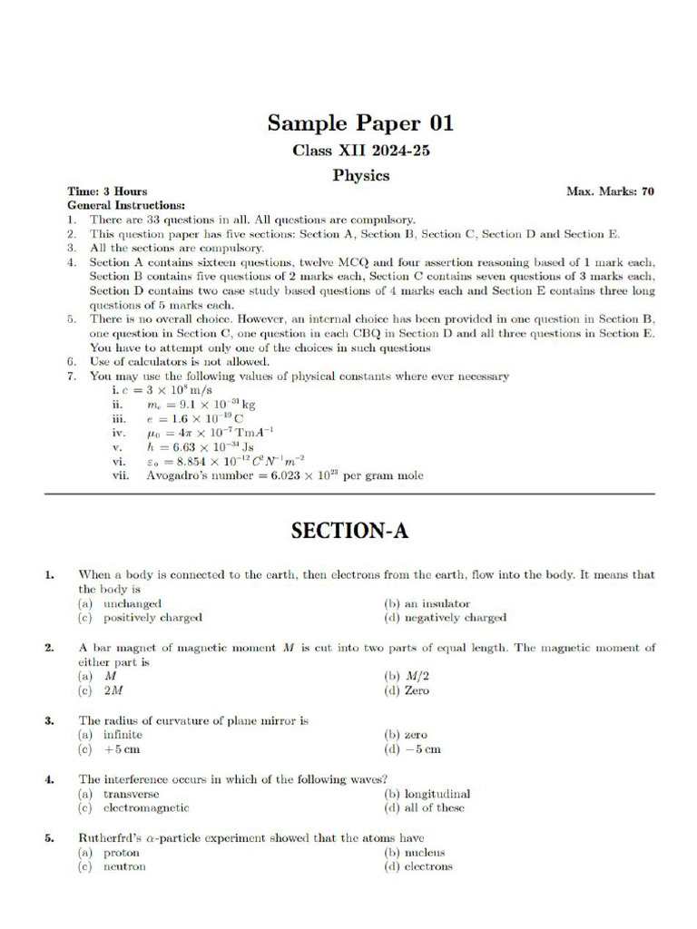 Sample Paper Physics Class 12th CBSE | PDF