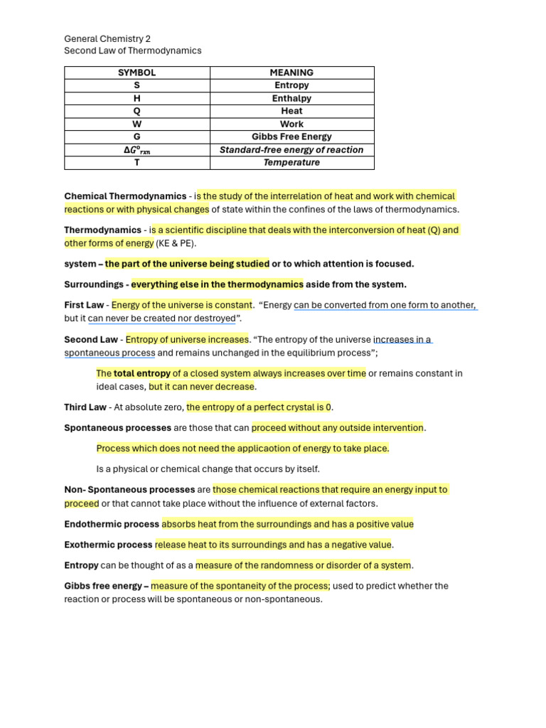 Terms For Entropy and Gibss Free Energy | PDF