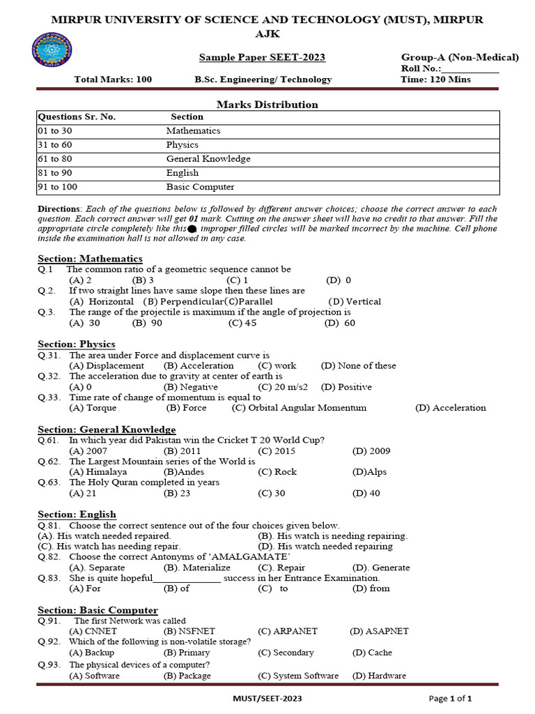 Sample Paper SEET 2023 | PDF | Mechanics | Classical Mechanics