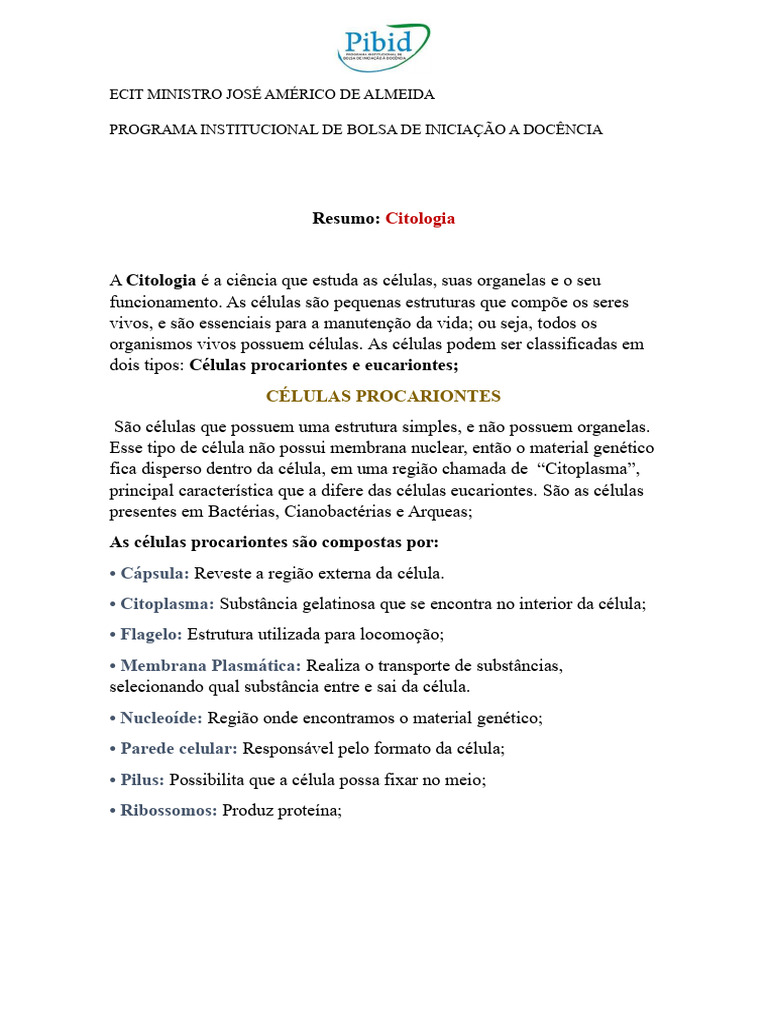 Resumo Citologia | PDF | Célula (Biologia) | Organelo