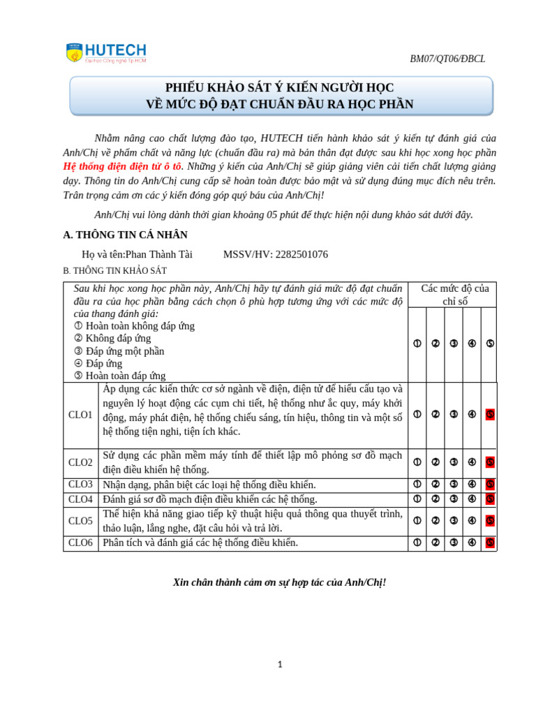 2024 - BM07 - QT06 - DBCL - Phieu KS y Kien NH Ve Muc Do Dat CDR HP - PhanThanhTai | PDF