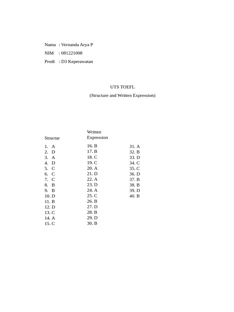 TOEFL UTS Results: Structure & Expression | PDF