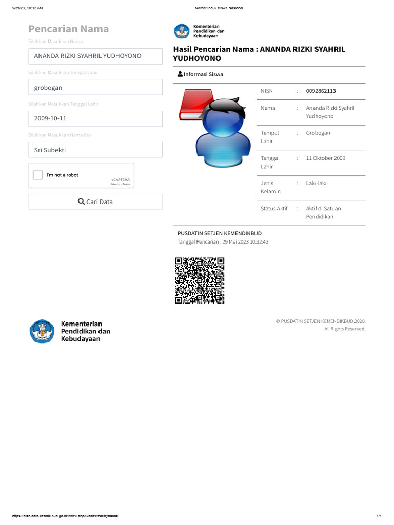 Nomor Induk Siswa Nasional Ananda Rizki | PDF