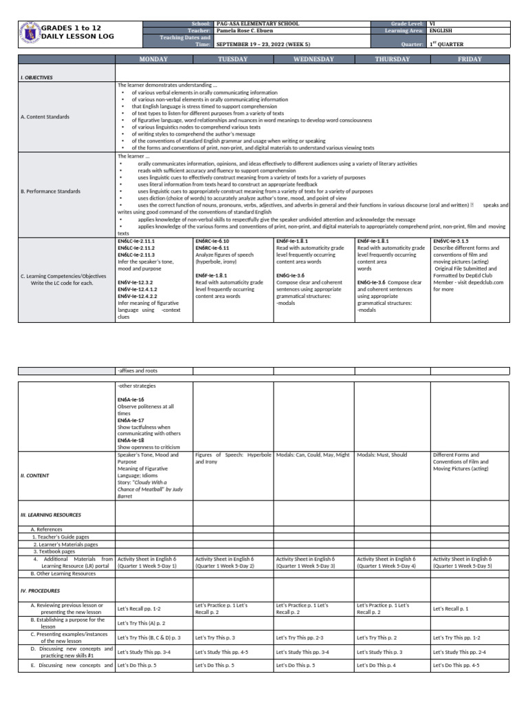 DLL English-6 Q1 W5 | PDF | English Language | Reading Comprehension