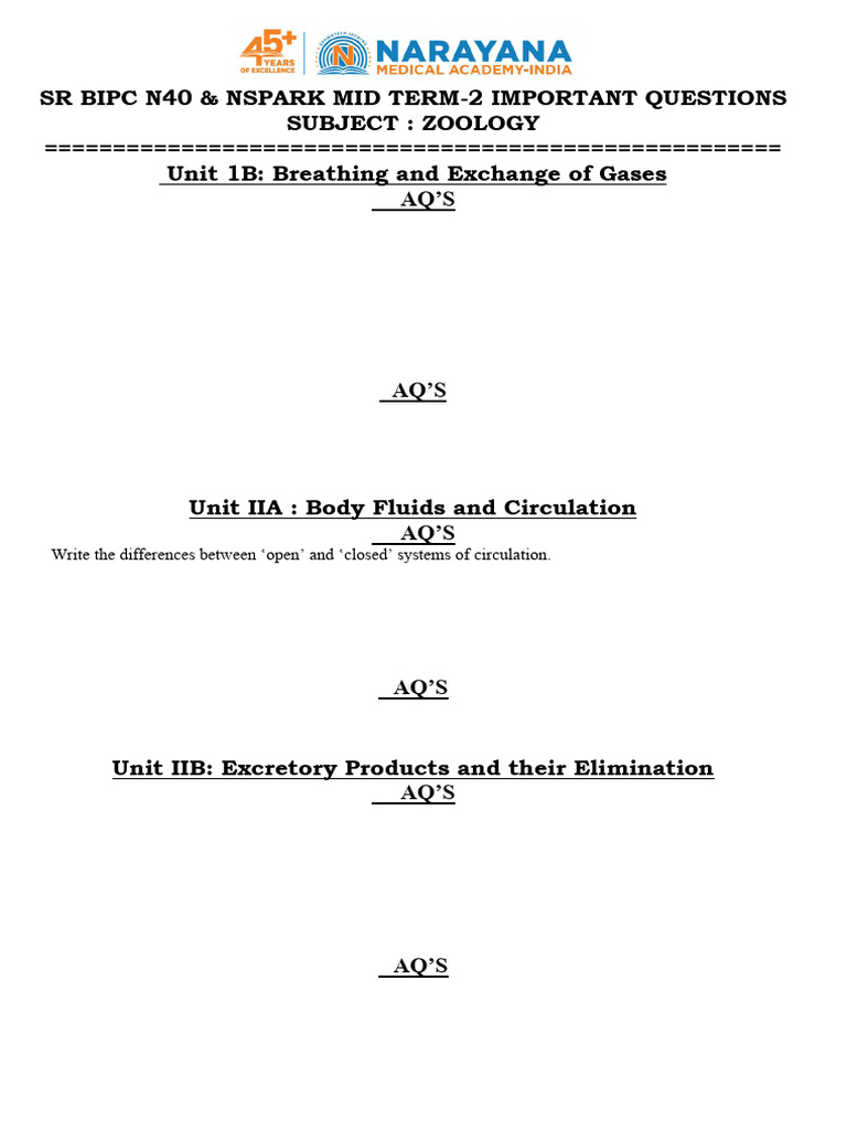 SR N40 & Nspark Zoology - Imp Questions For Term-Ii | PDF | Heart | Menstrual Cycle