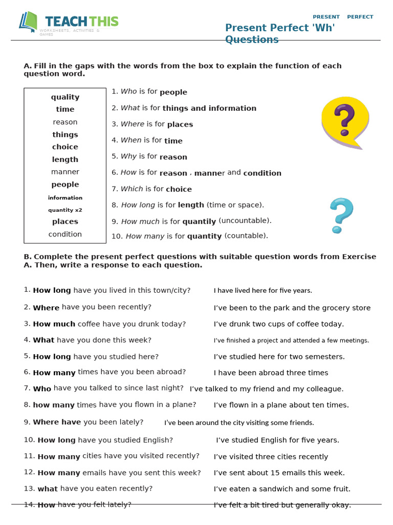 Present Perfect WH Questions Worksheet 3 | PDF
