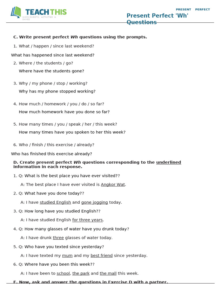 Present Perfect Wh Questions Worksheet | PDF