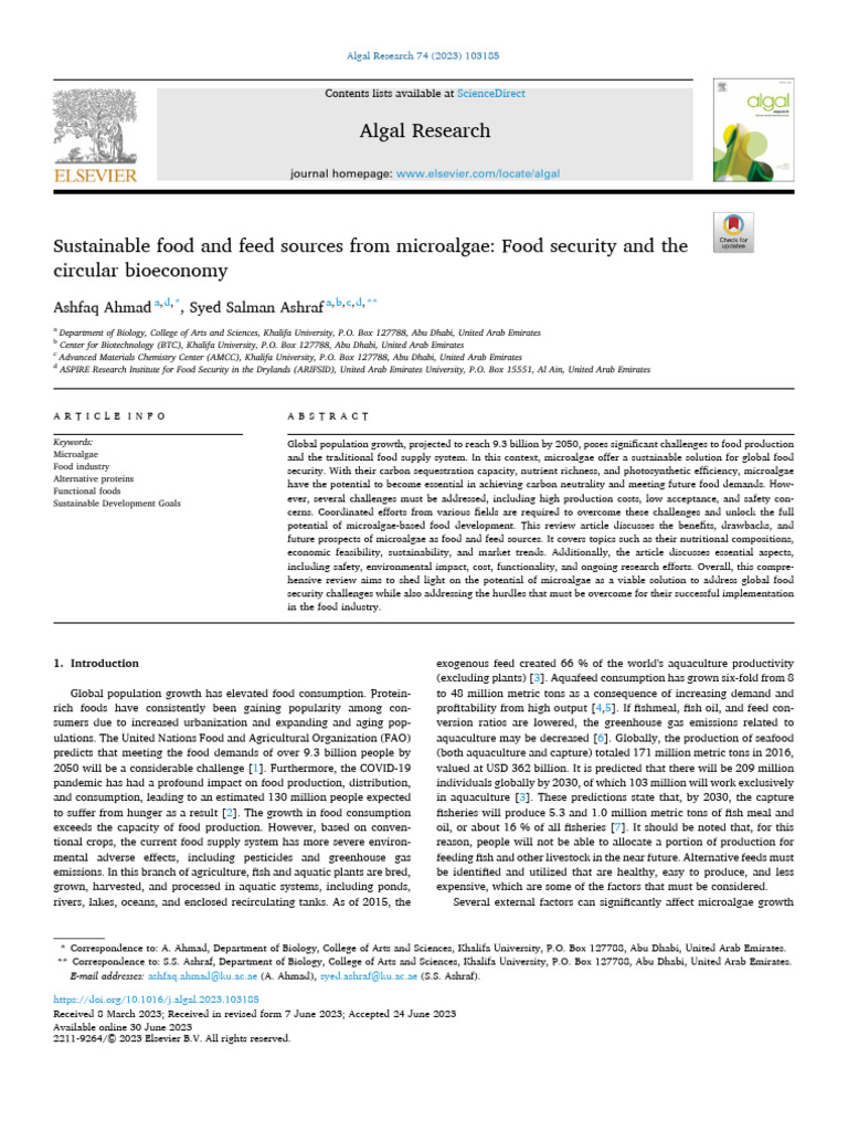 Sustainable Food and Feed Sources From Microalgae Food Security and The Circular Bioeconomy ...