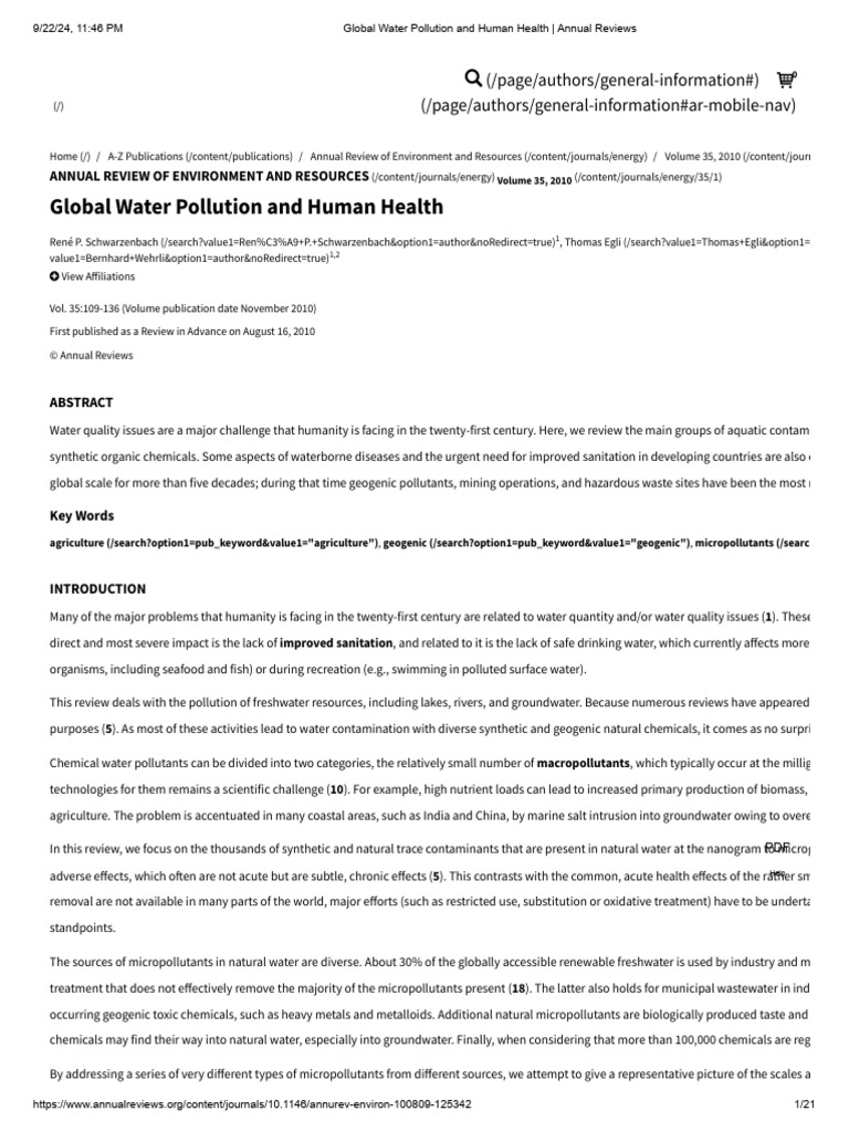 Global Water Pollution and Human Health - Annual Reviews | PDF ...