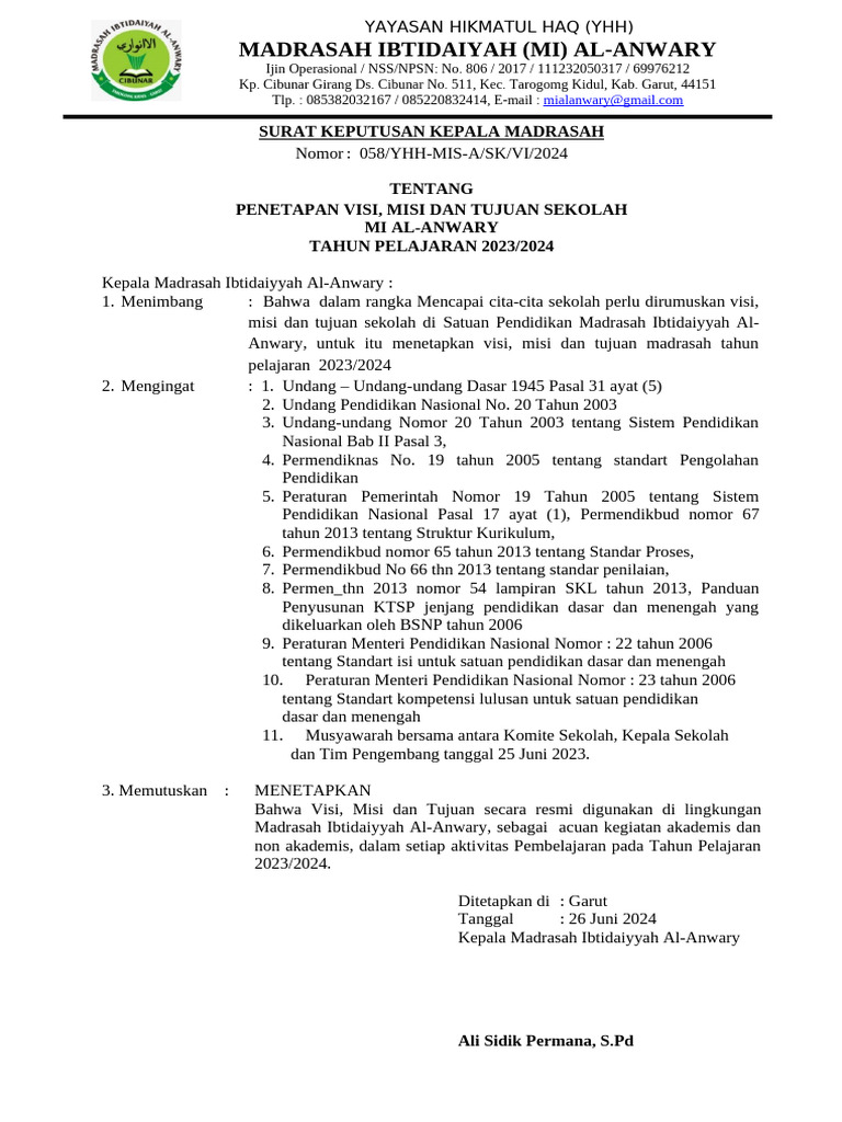Visi dan Misi MI Al-Anwary 2023/2024 | PDF