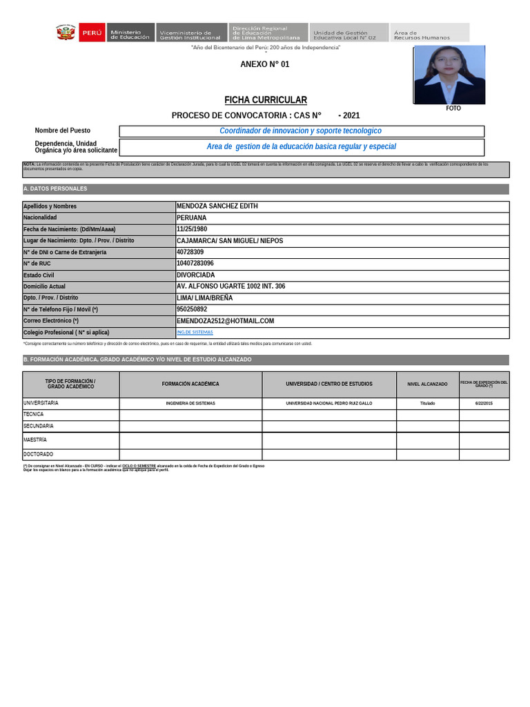 V5 Anexo 01 Ficha Curricular | PDF | Documento de identidad