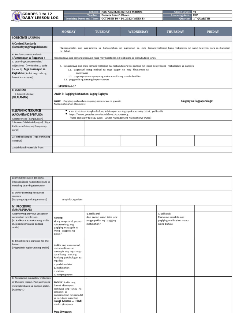 DLL Esp-6 Q1 W8 | PDF