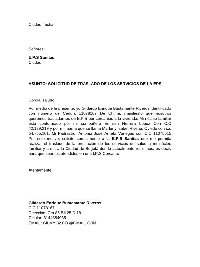 Formato Carta Solicitud de Traslado de EPS | PDF