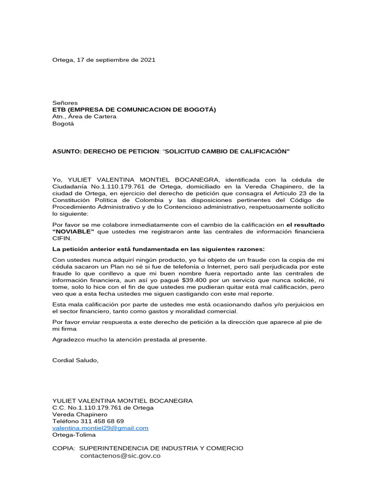 Derecho de Peticion Yuliet Valentina Montiel Bocanegra 17-09-2021 | PDF
