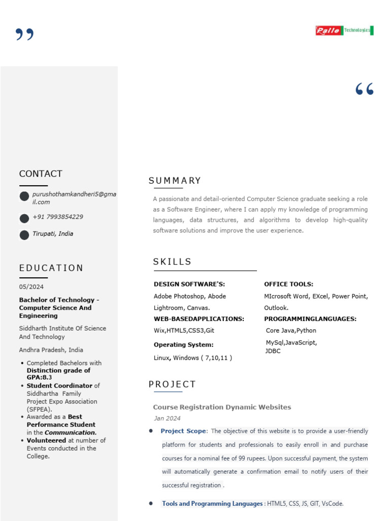 Purushotham Kandheri: Software Engineer CV | PDF | Web Development ...