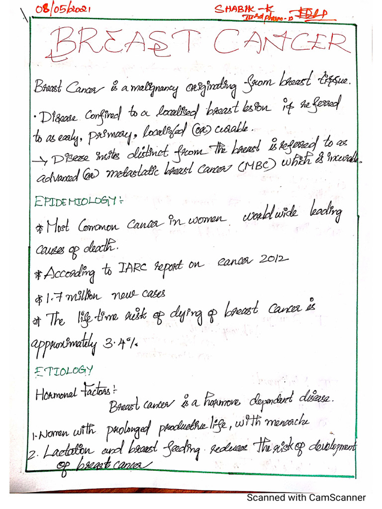 Breast Cancer and It's Therapy Full. Handwritten. Note | PDF