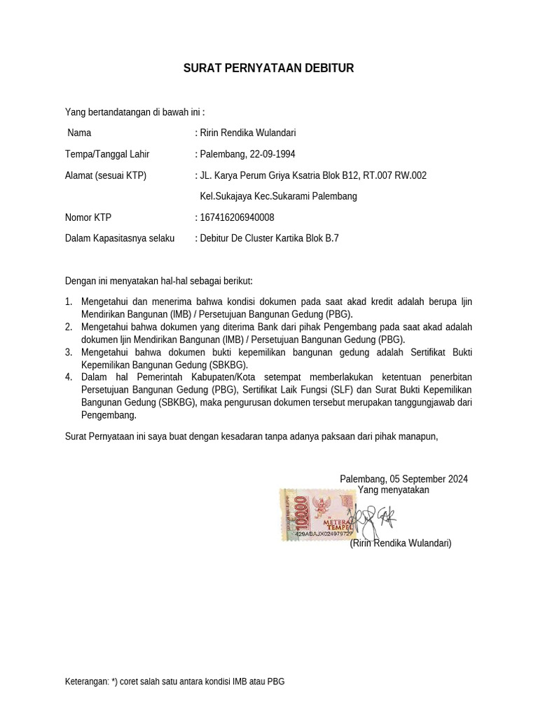 Surat Pernyataan Debitur PBG | PDF