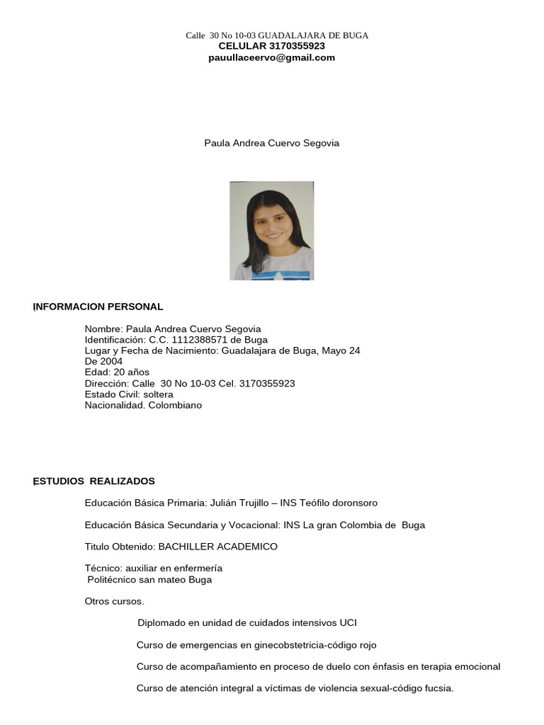 Hoja de Vida Paula Andrea Cuervo Segovia | PDF