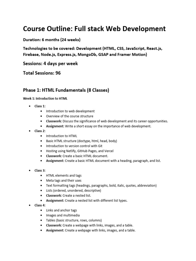 Full Stack Web Development Course Outline | PDF | Html | Html Element
