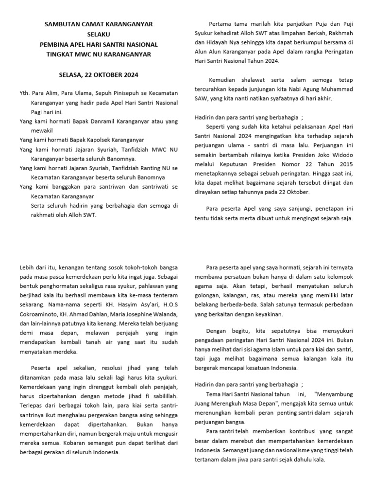Draft Sambutan Hari Santri 2024 | PDF