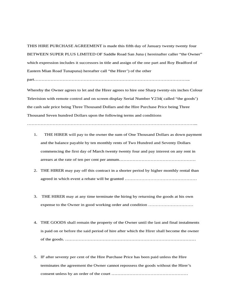 Hire Purchase Agreement | PDF | Business | Common Law