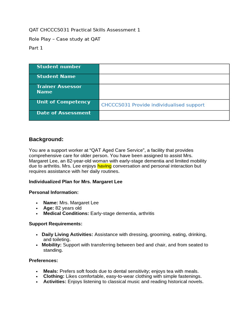 CHCCCS031 Aged Care Role Play Assessment | PDF | Dementia | Health Care