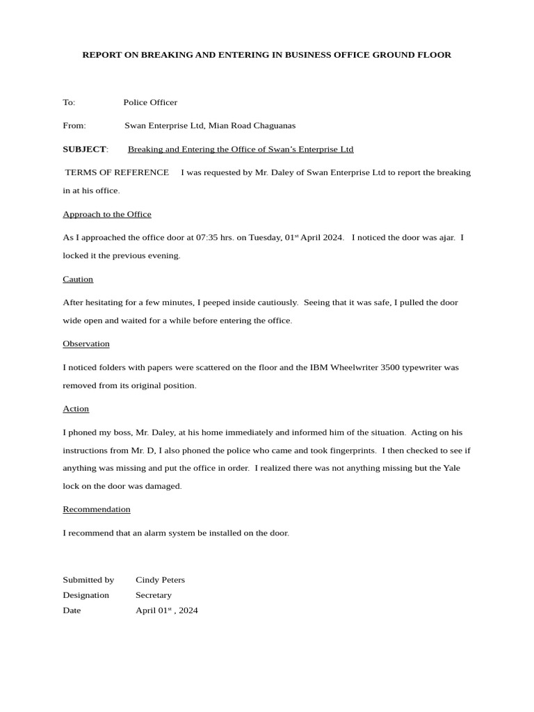 Office Break-In Report: Swan Enterprise | PDF