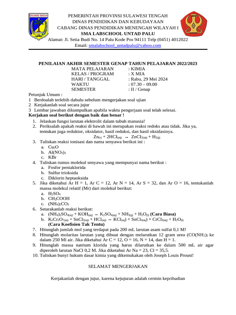 Soal Pas Kimia Kelas X Semester Genap 2024 | PDF