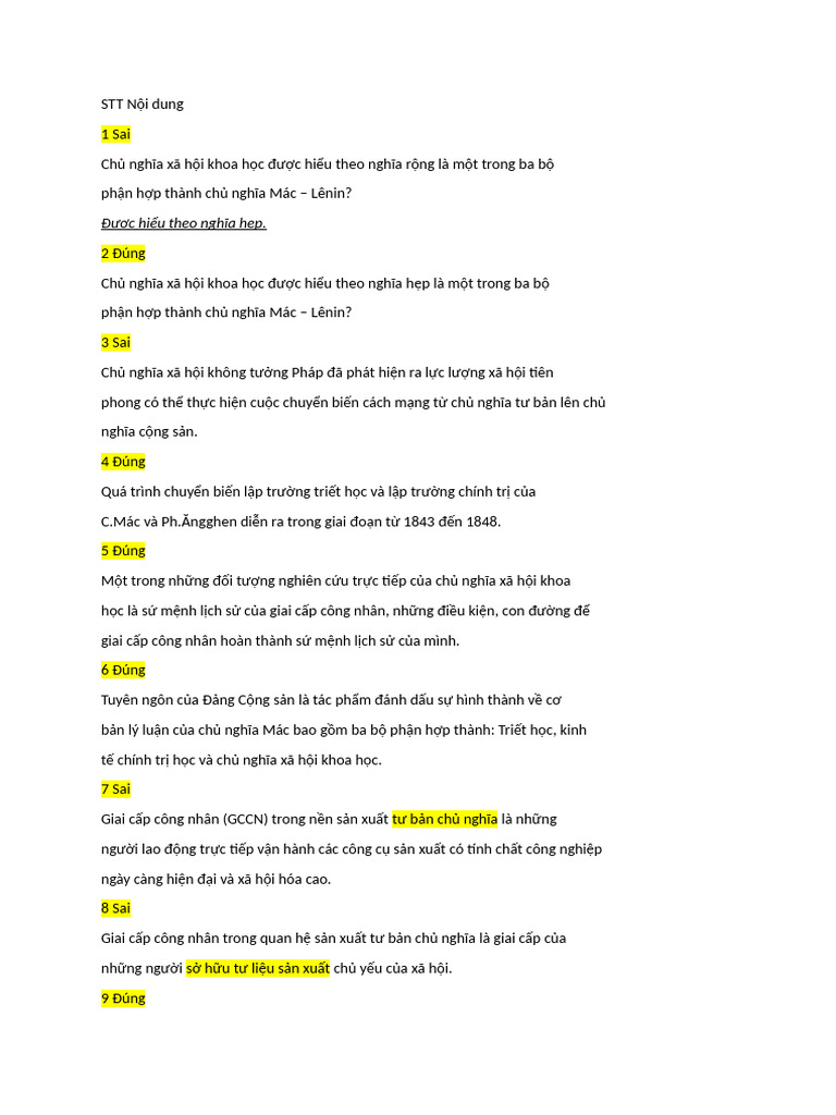 Đúng Sai CNXHKH | PDF