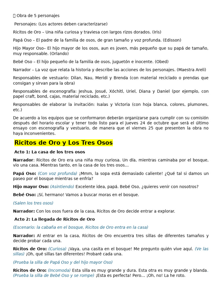 Guion Teatral: Ricitos de Oro | PDF | Ricitos de oro y los tres osos | Osos