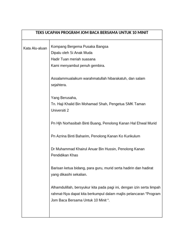 Teks MC Program Jom Baca Bersama Untuk 10 Minit | PDF | Kajian Bahasa Asing