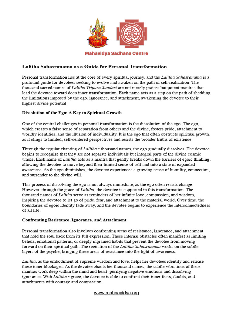 Lalitha Sahasranama As A Guide For Personal Transformation | PDF | Psychology