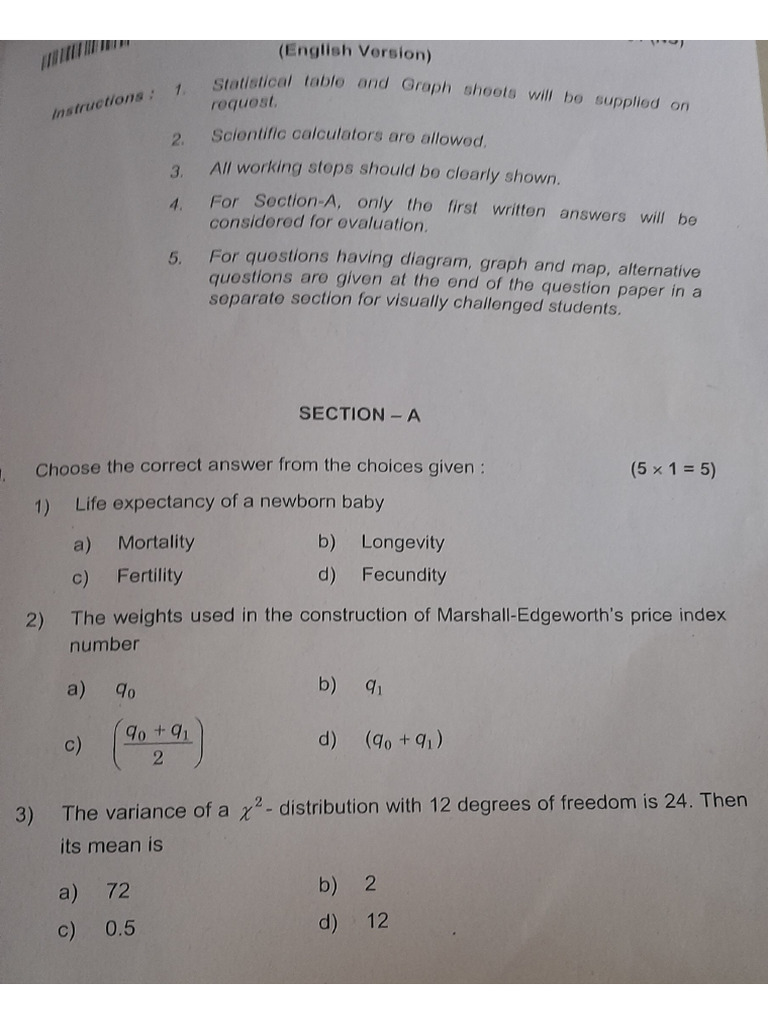 Karnataka 2nd Puc Statistics Question Paper 2024 | PDF